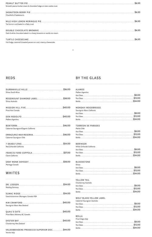 The Granary menu in Saskatoon, Saskatchewan, Canada