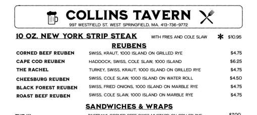 Menu for Collins Tavern in West Springfield, MA | Sirved