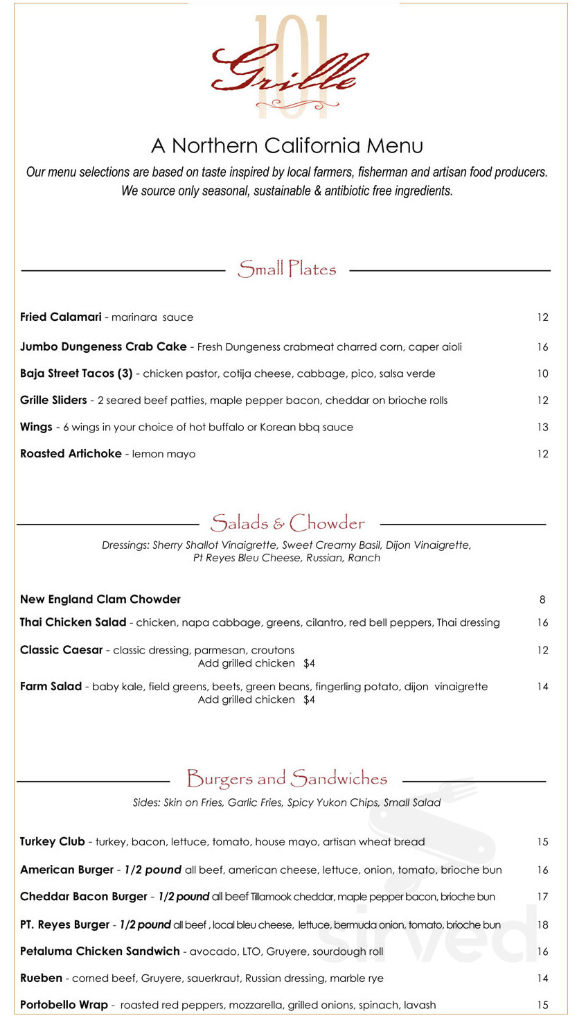 Menu - San Rafael CA's Grille 101 | Sirved