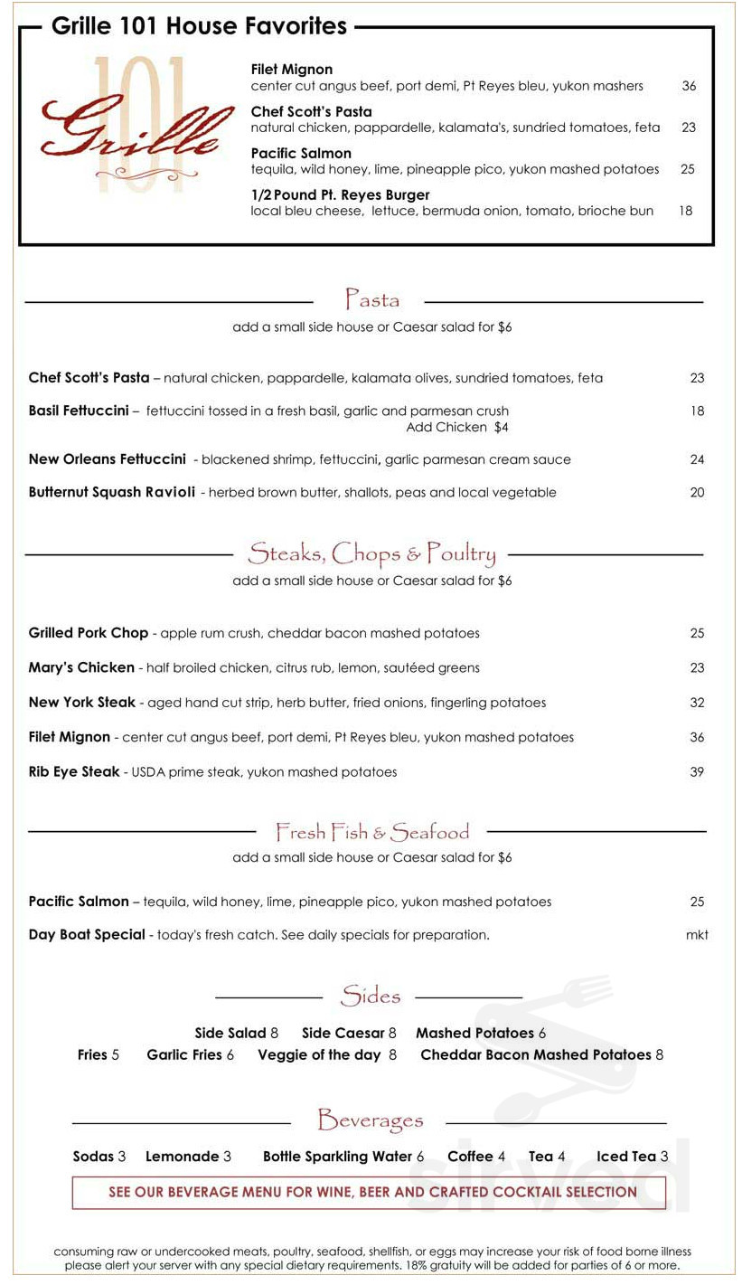 Menu - San Rafael CA's Grille 101 | Sirved