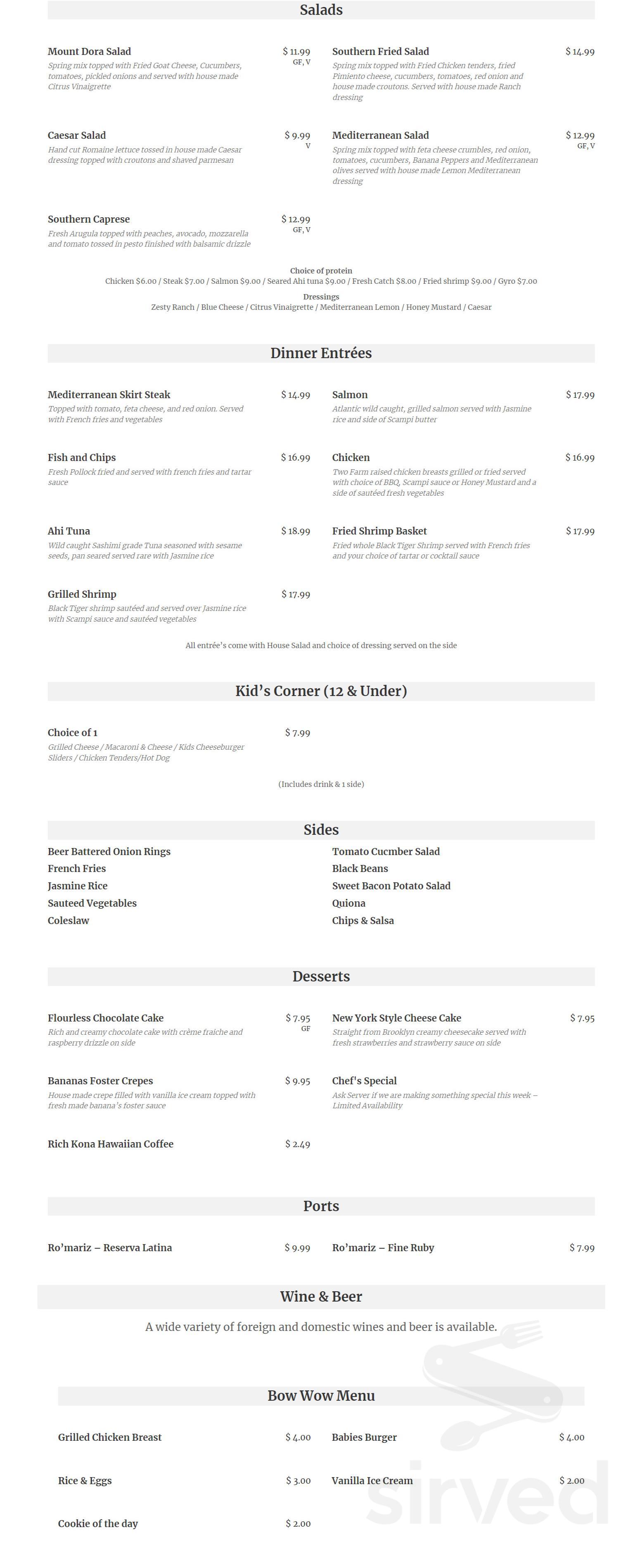 Fifth Avenue Streatery menu in Mt Dora, Florida, USA