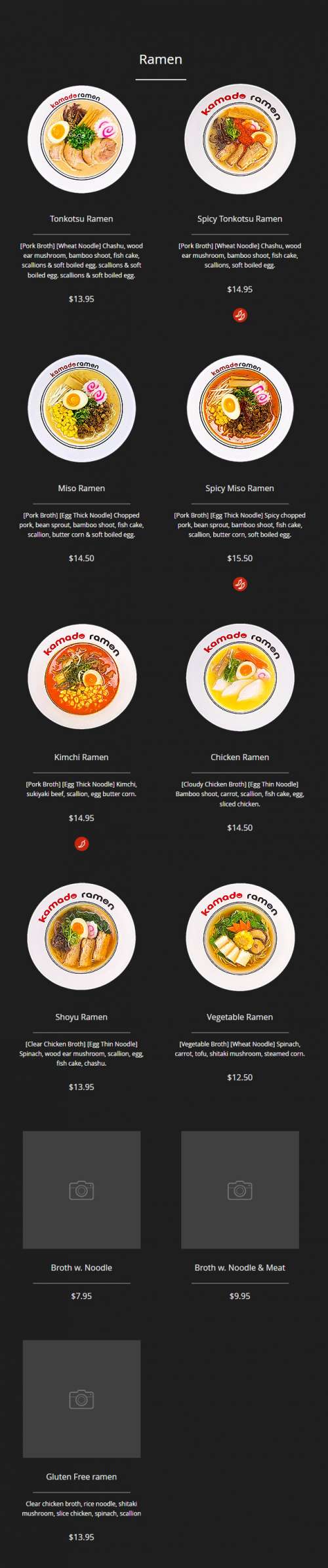 Kamado Ramen menu in Huntsville, Alabama, USA