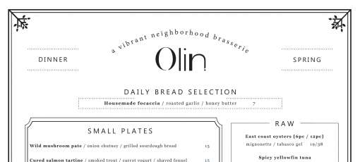 Menu for Olin Bar & Kitchen in Detroit, MI | Sirved