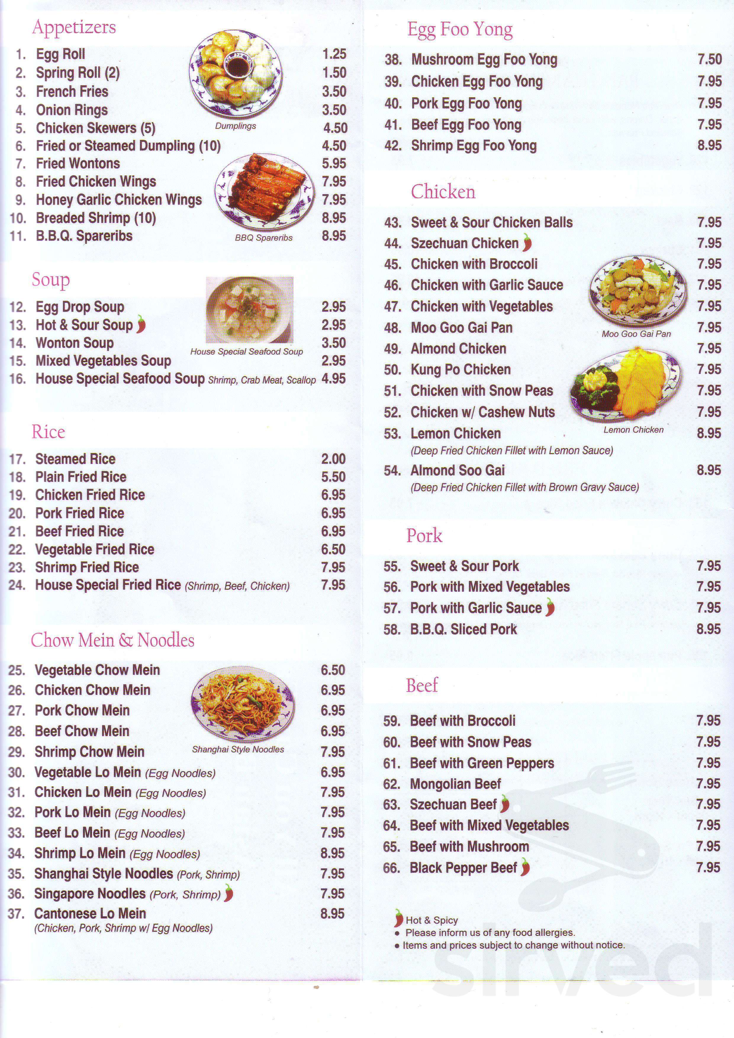 Victory Buffet menu in Sarnia, Ontario, Canada