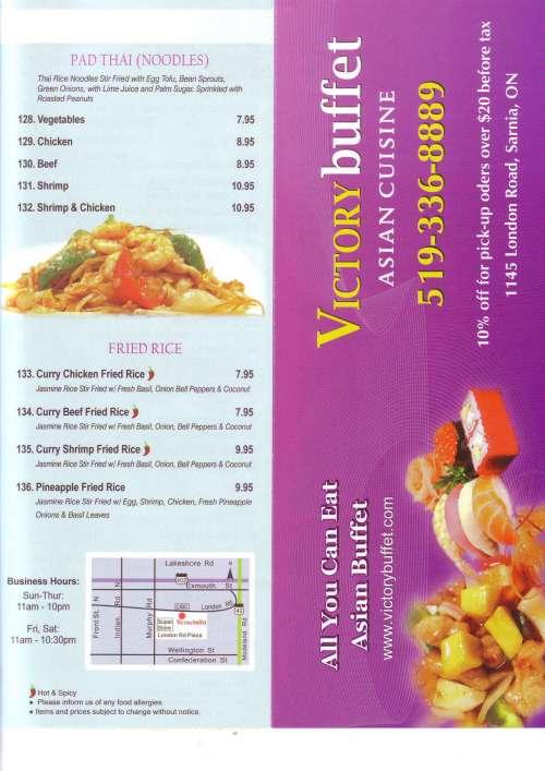 Victory Buffet menu in Sarnia, Ontario, Canada