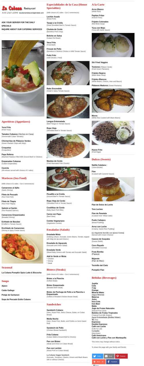 La Cubana Restaurant menu in Glendale, California, USA