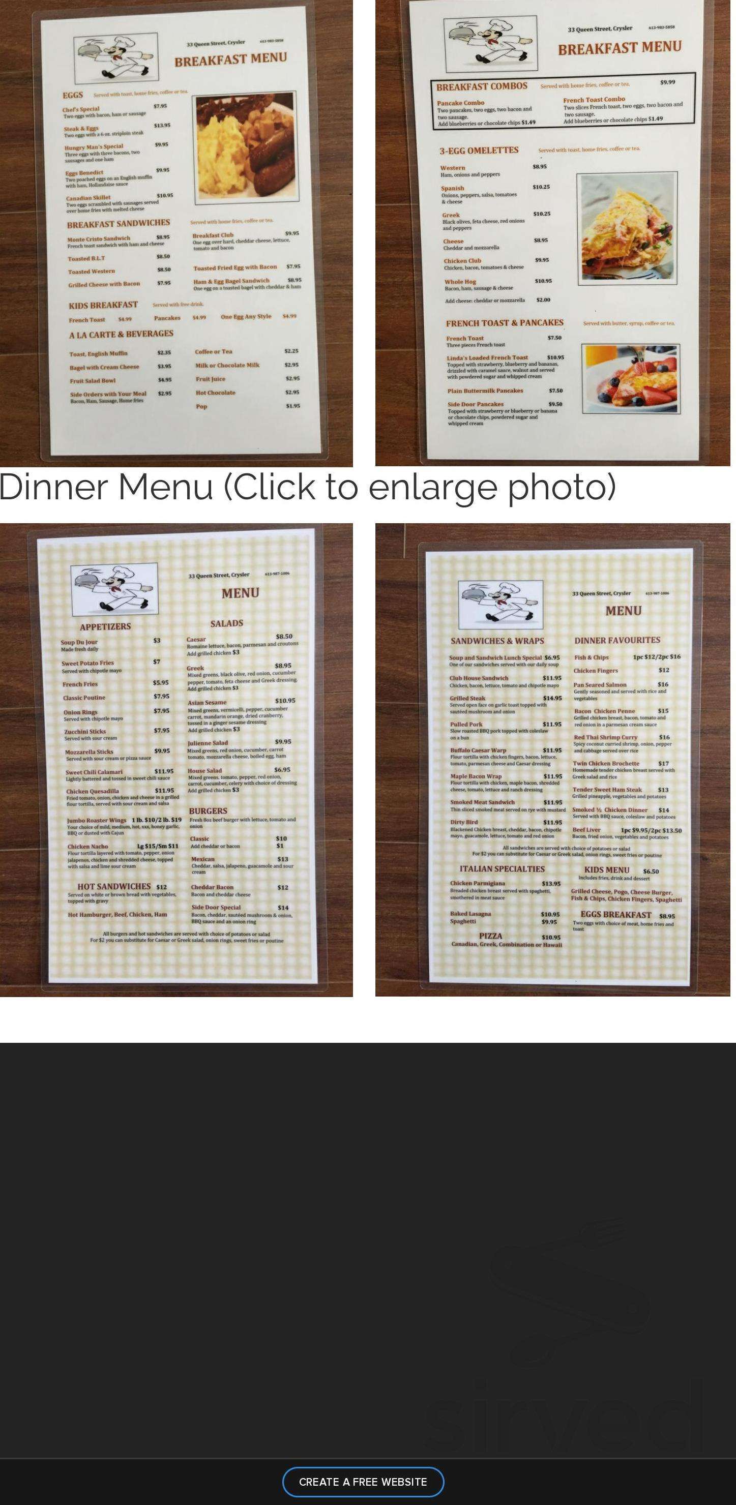 The Side Door Family Restaurant menus in Crysler, Ontario, Canada