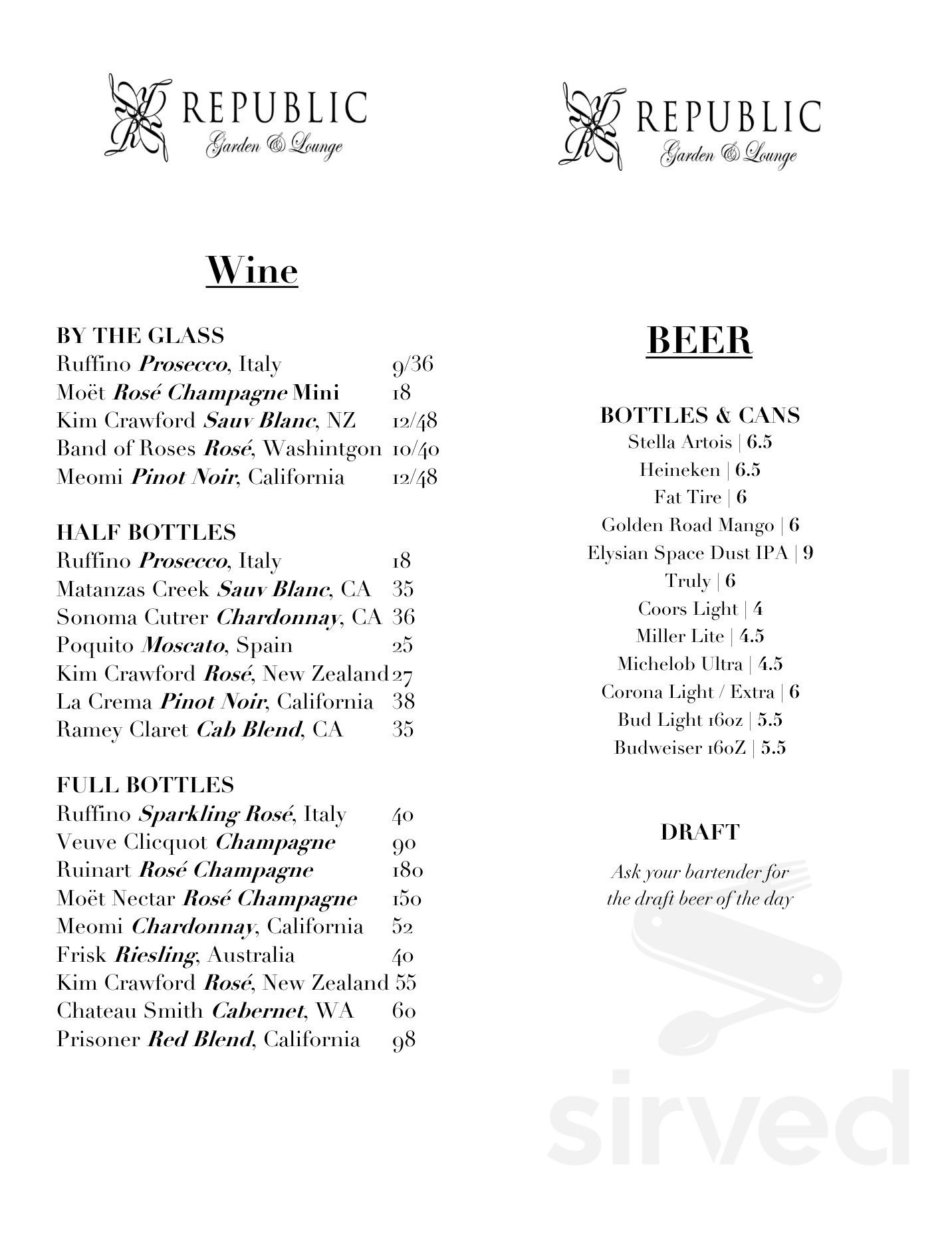 Republic Garden & Lounge menu in Charleston, South Carolina, USA