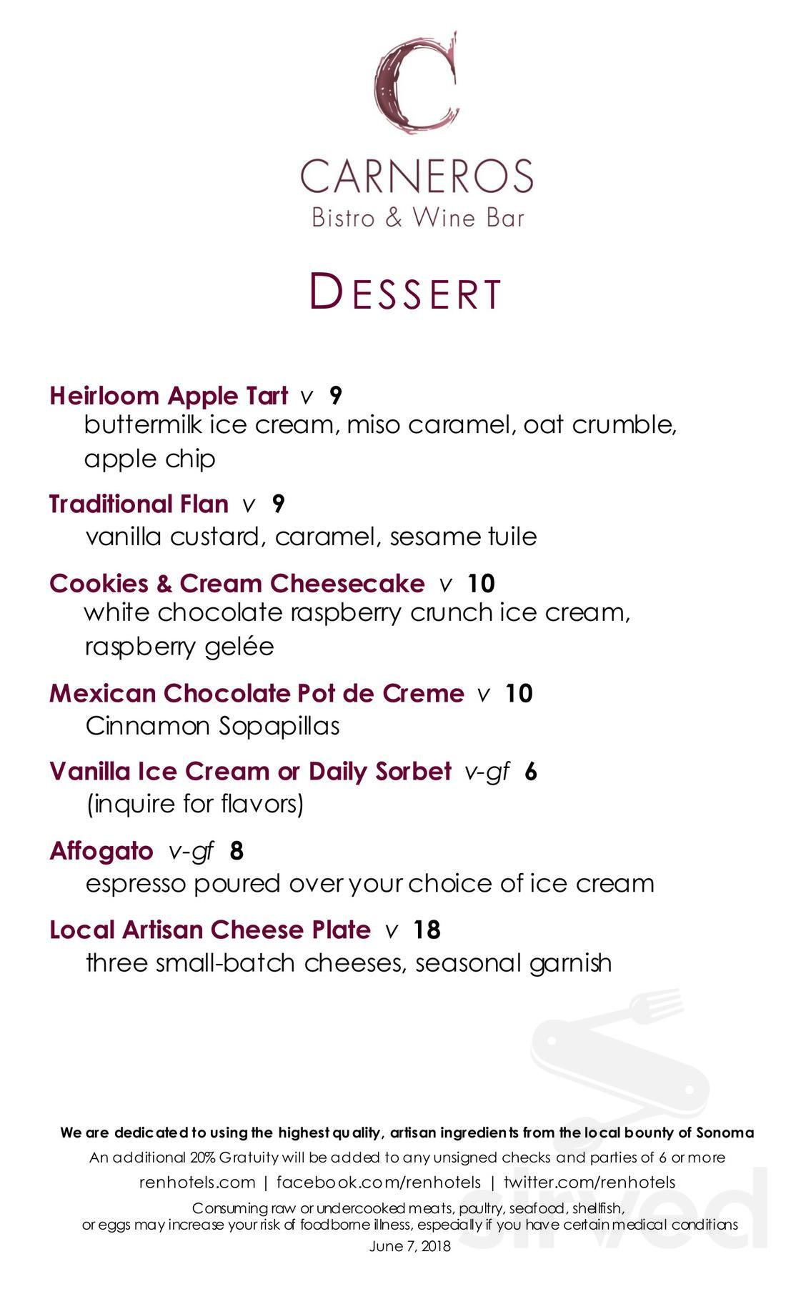 Menu - Sonoma CA's Carneros Bistro | Sirved