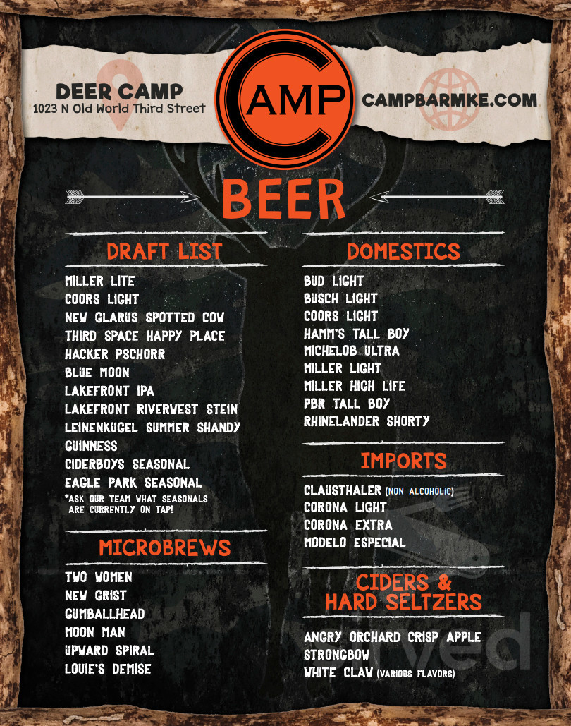 Camp Bar Third Ward menu in Milwaukee, Wisconsin, USA