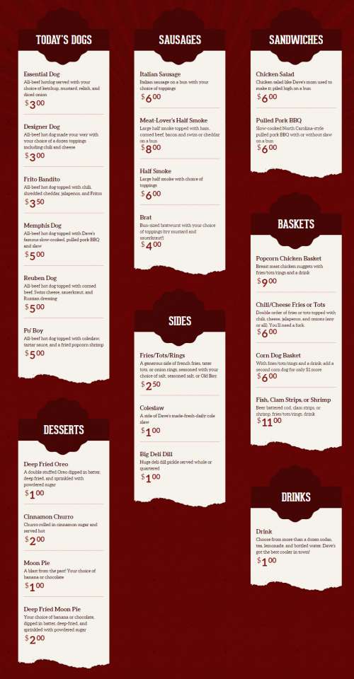 Dave's Dogs menu in Woodbridge, Virginia, USA