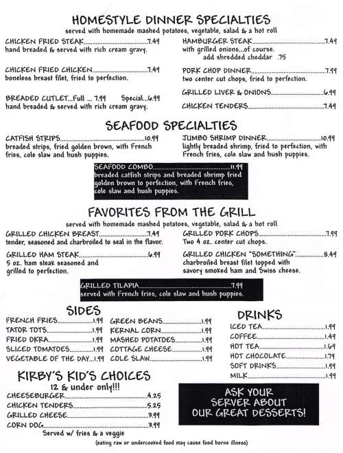 Kirby's Cafe menu in Okmulgee, Oklahoma, USA