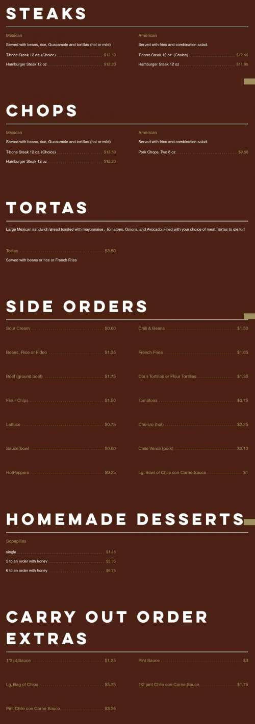 La Chinita Méxican Restaurant menu in Wichita, Kansas, USA