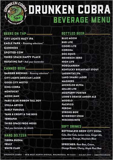 Drunken Cobra menu in Wauwatosa, Wisconsin, USA