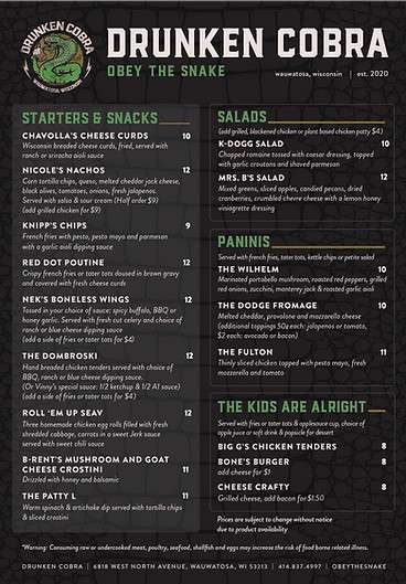 Drunken Cobra menu in Wauwatosa, Wisconsin, USA