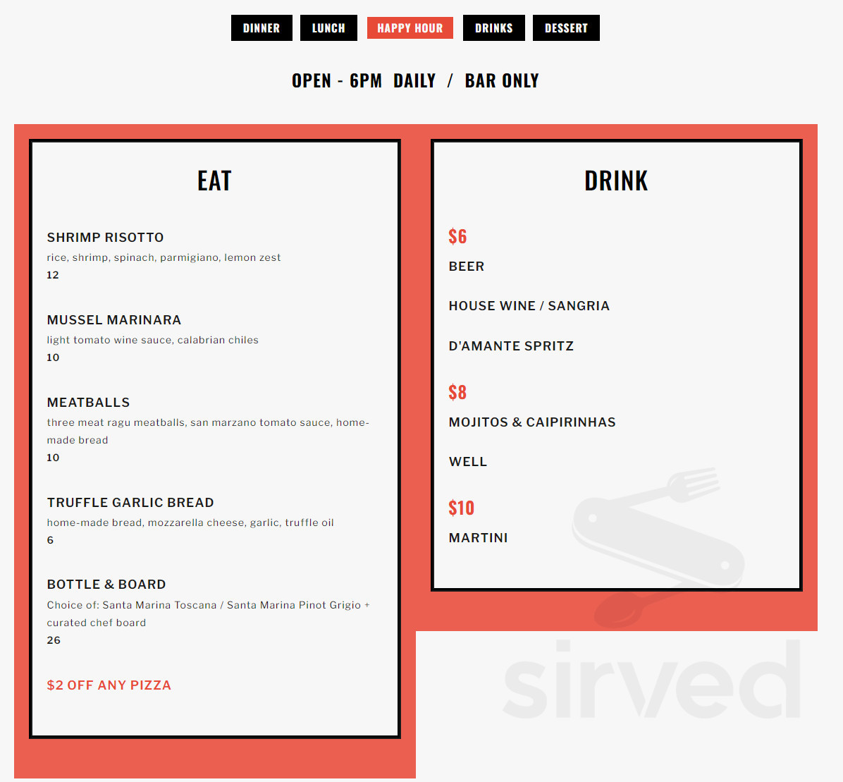 SFIZIO Modern Italian Kitchen menu in Phoenix, Arizona, USA