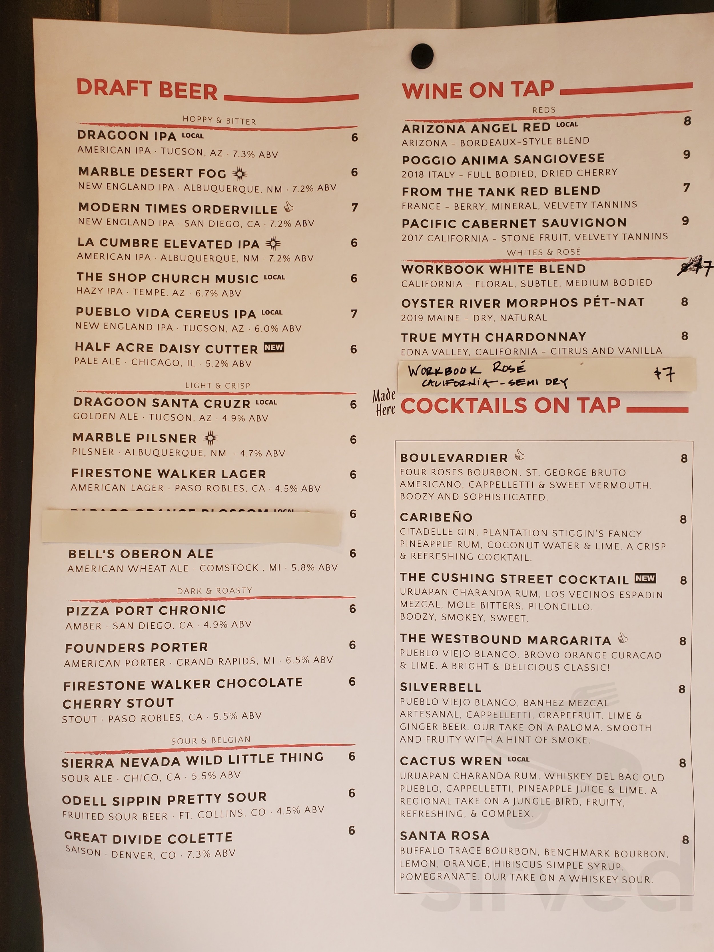Westbound menu in Tucson, Arizona, USA