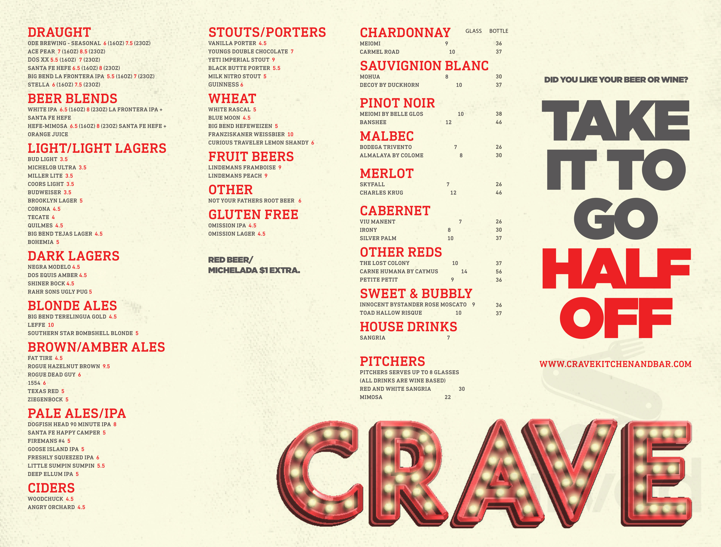 Menu - El Paso TX's Crave Kitchen and Bar | Sirved