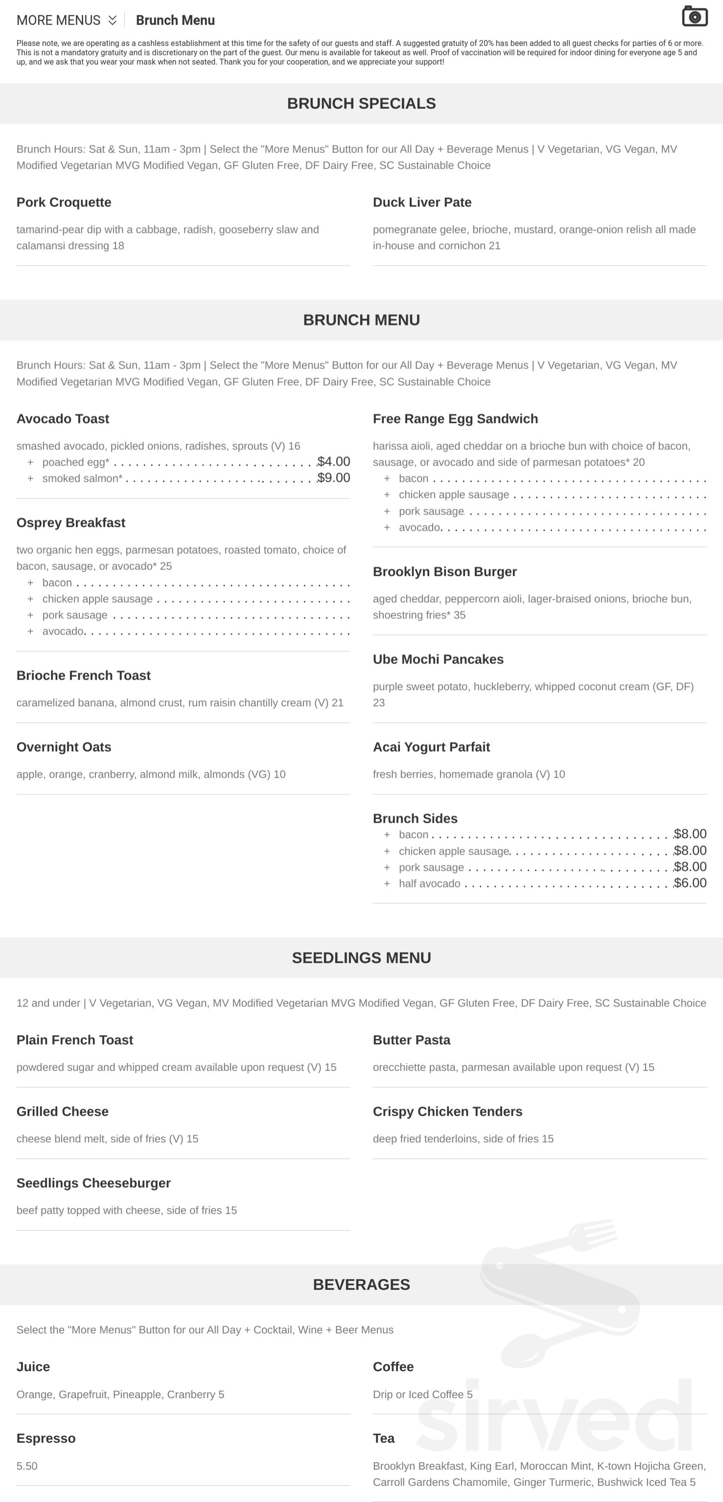 The Osprey menu in Brooklyn, New York, USA