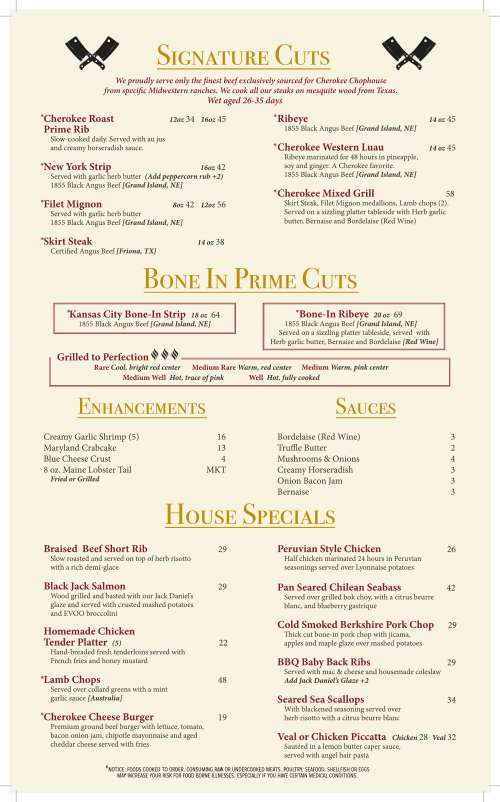 Cherokee Chophouse menu in Marietta, Georgia, USA