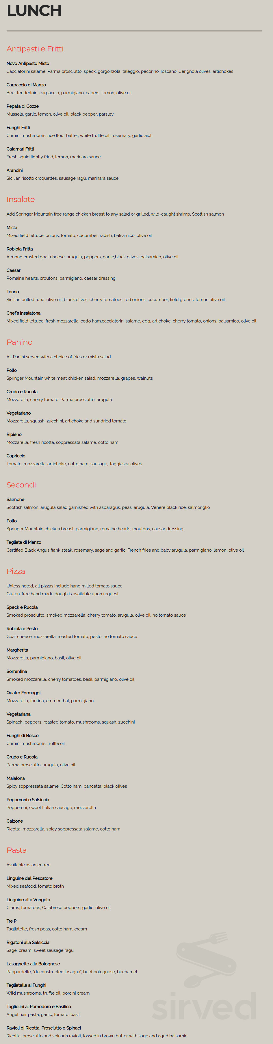 Novo Cucina menu in Dunwoody, Georgia, USA