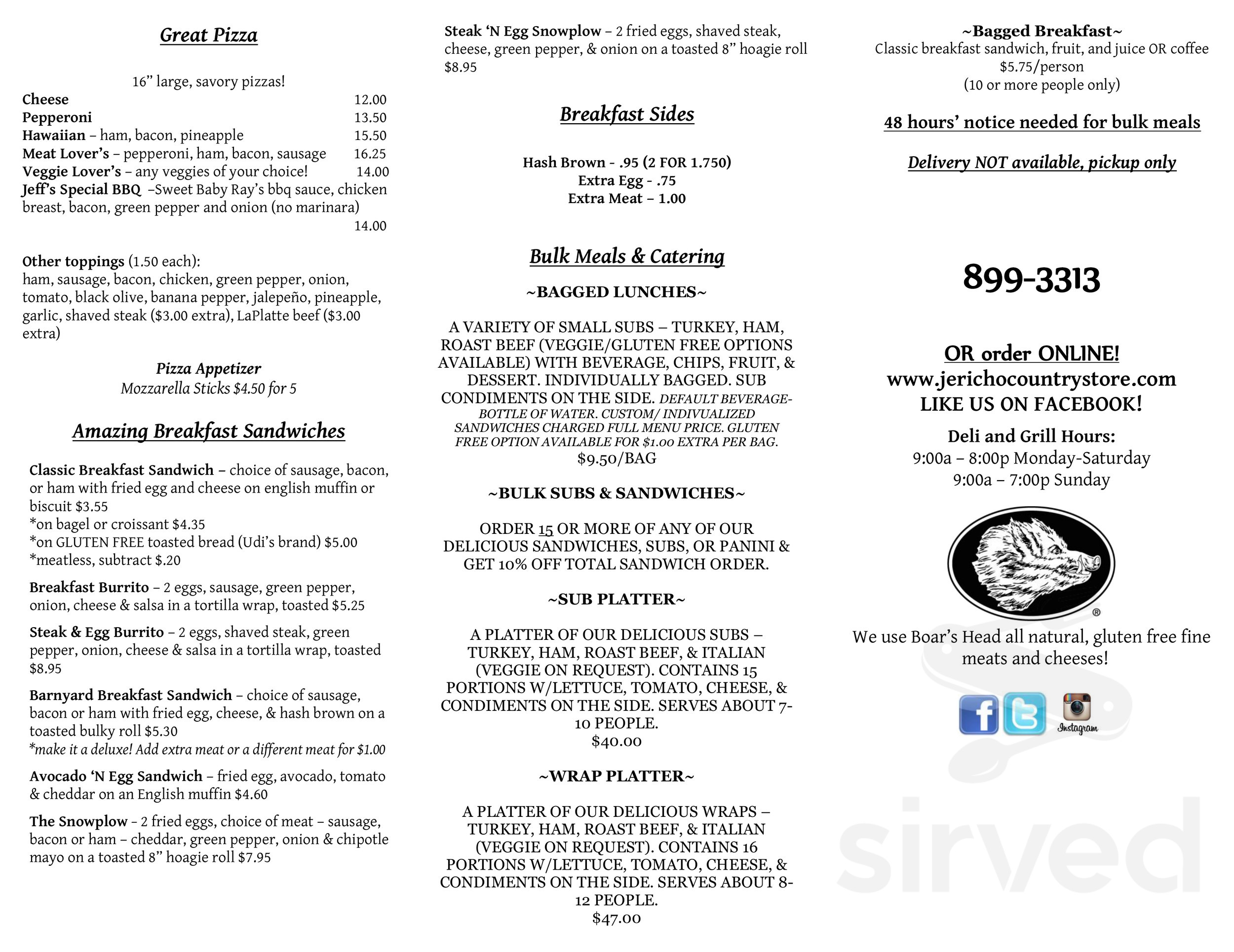 Jericho Center Country Store menu in Jericho Center, Vermont, USA