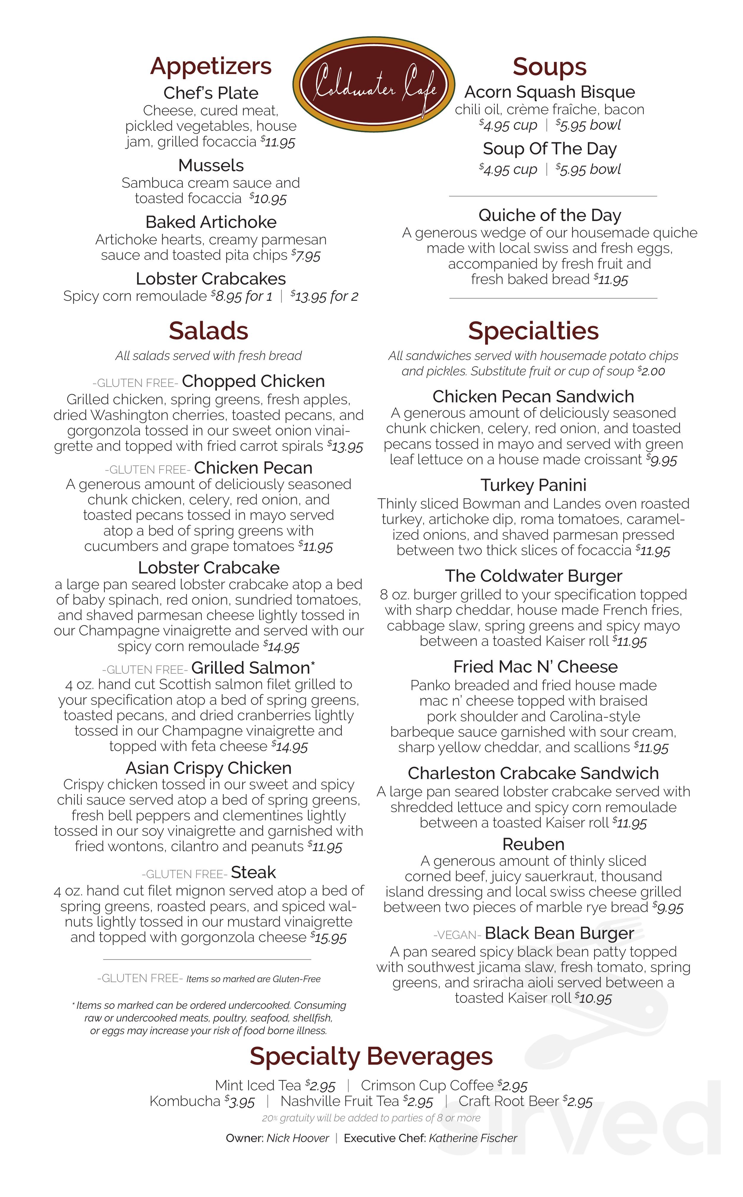 Coldwater Café menu in Tipp City, Ohio, USA