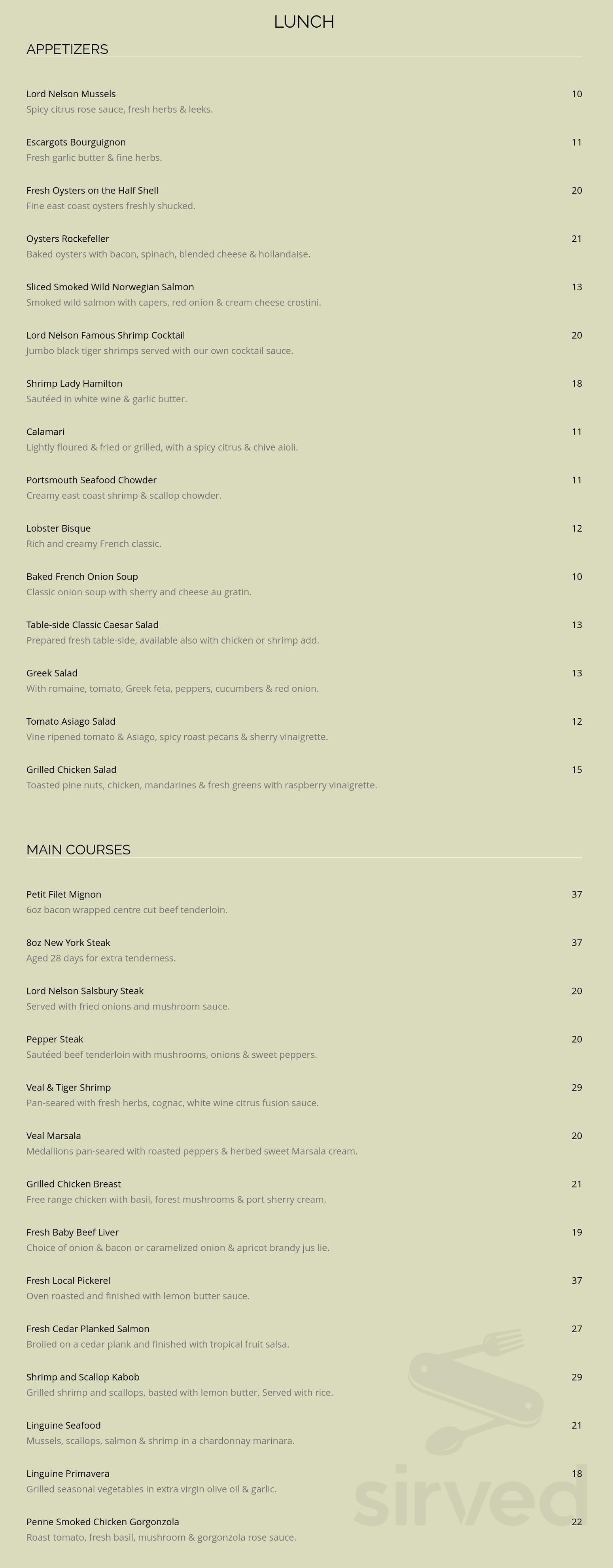 Menu for Lord Nelson Steak House in Burlington, ON | Sirved