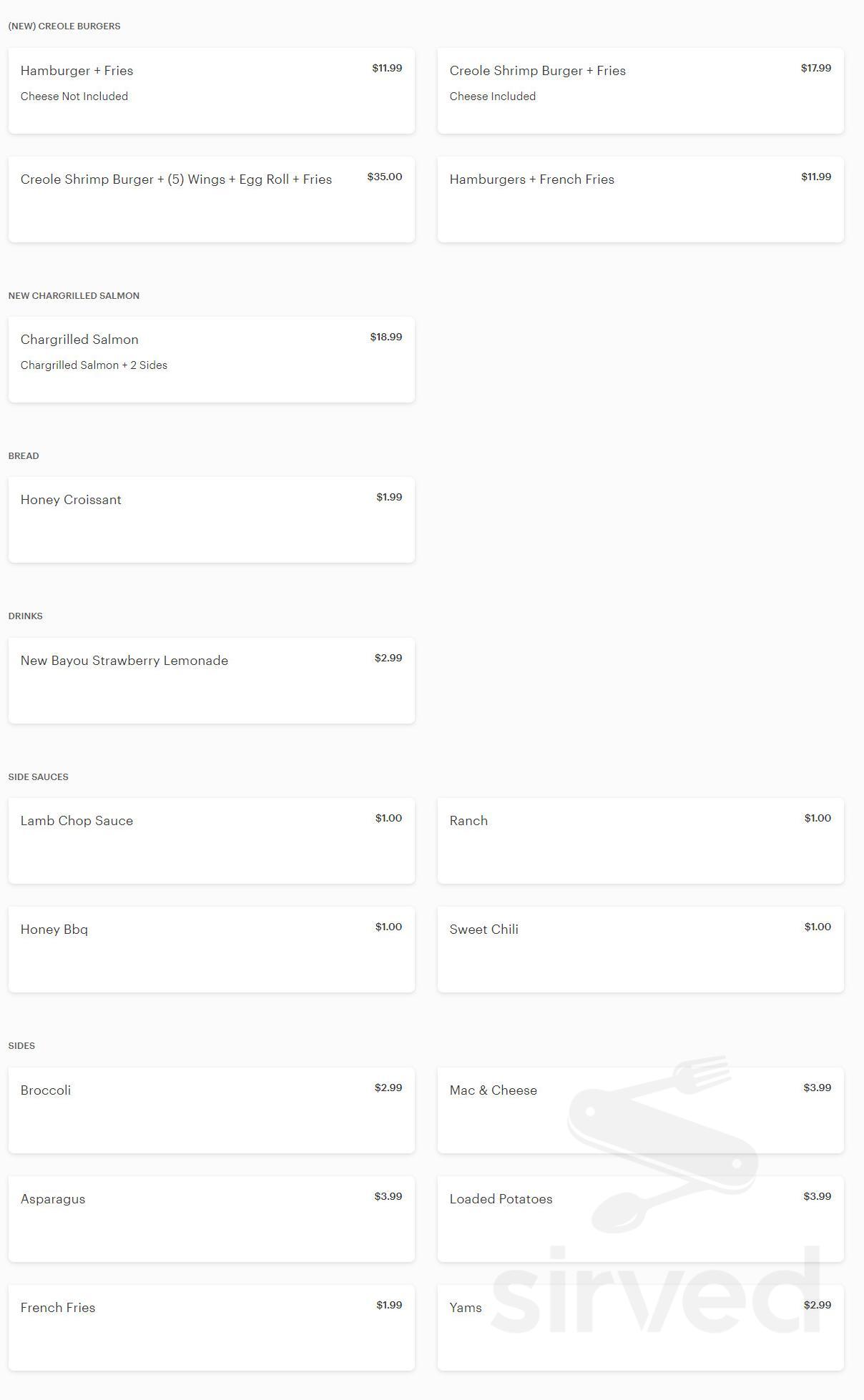 The Bayou Affect menu in Baton Rouge, Louisiana, USA