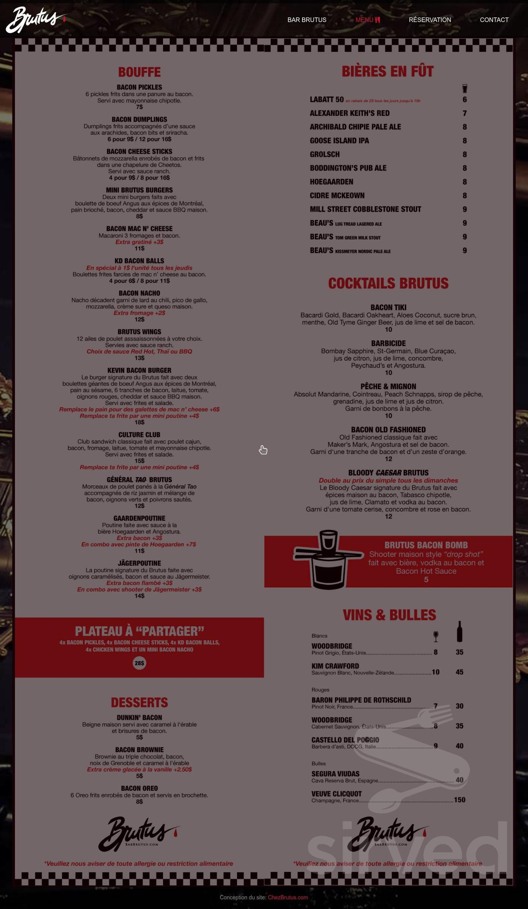 Menu for Brutus in Montréal, QC | Sirved