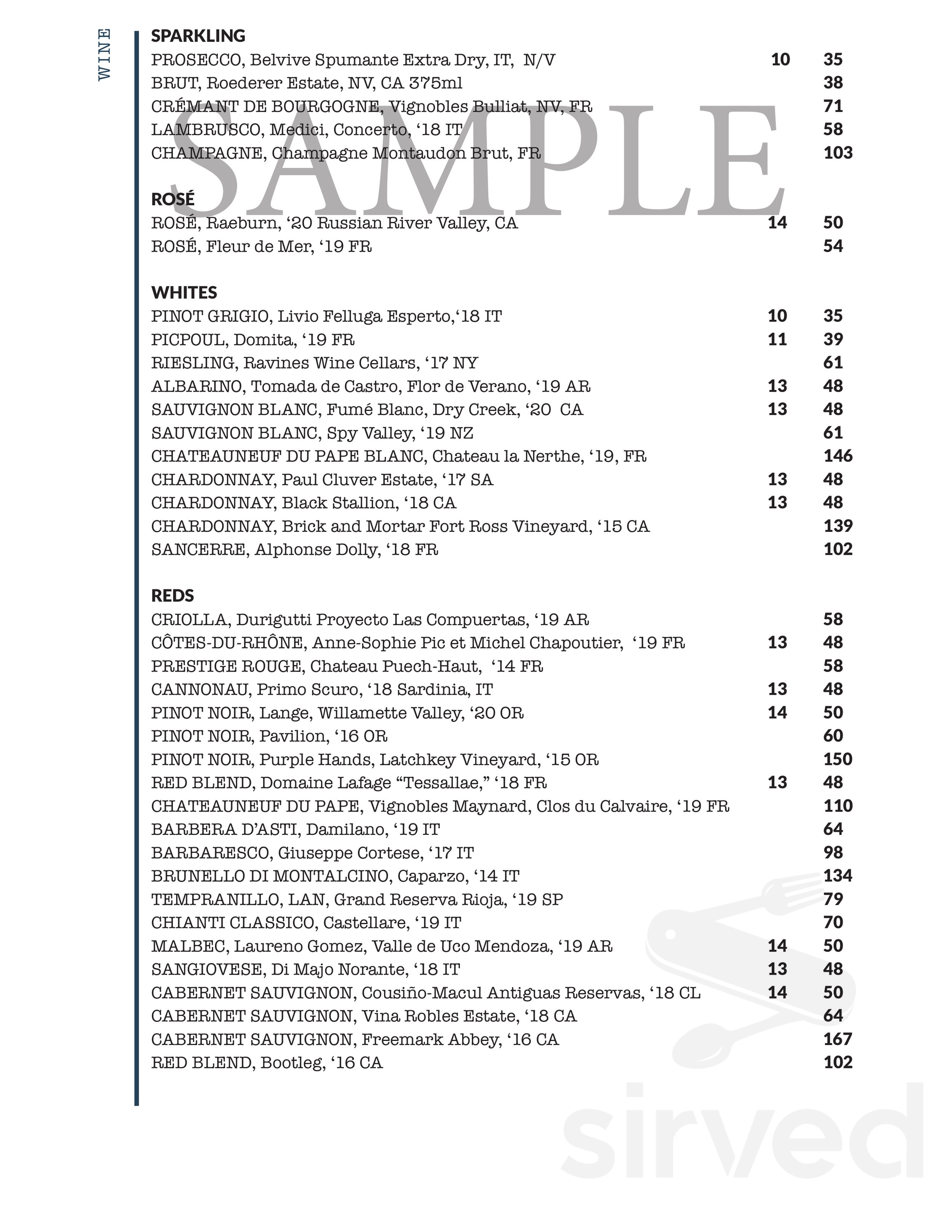 Pavilion menu in Wolfeboro, New Hampshire, USA