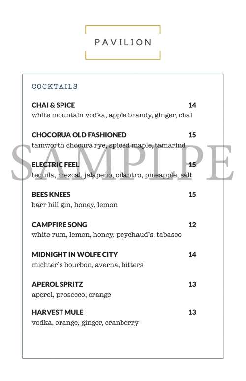 Pavilion menu in Wolfeboro, New Hampshire, USA