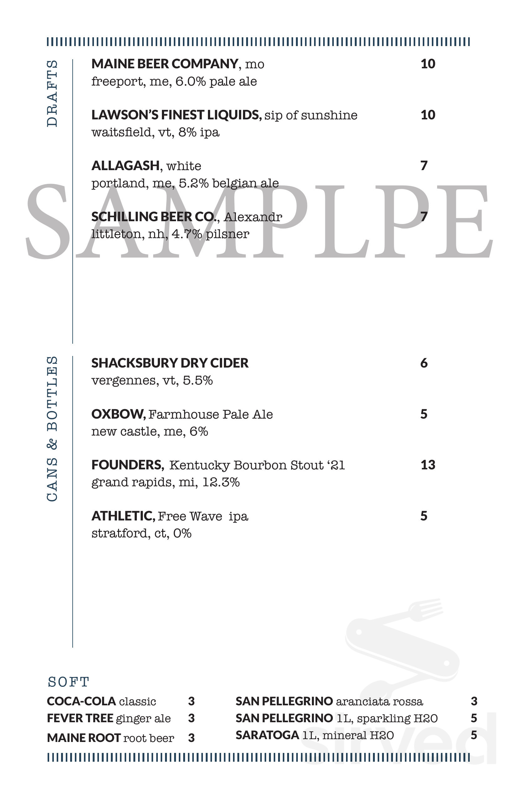 Pavilion menu in Wolfeboro, New Hampshire, USA