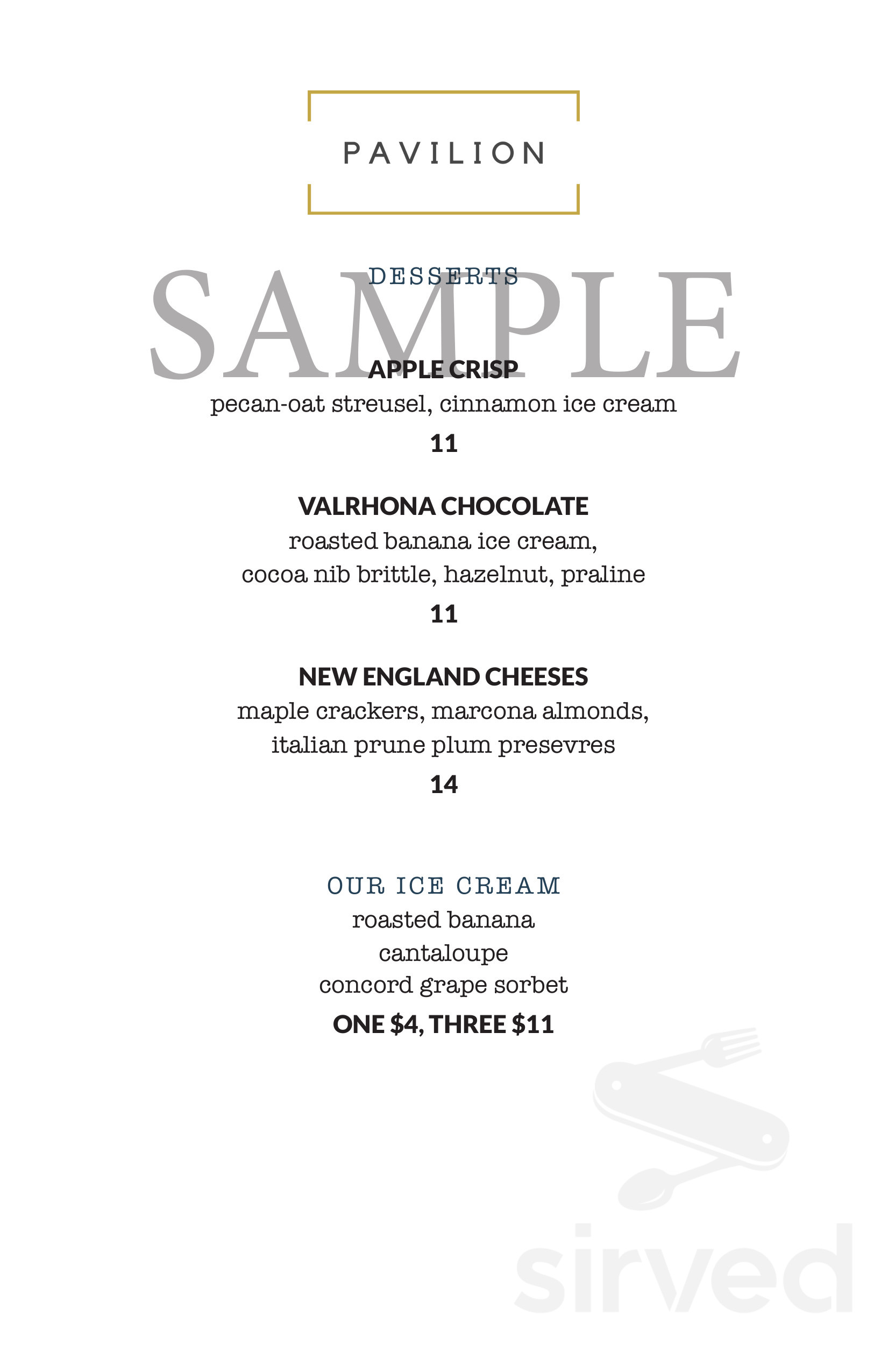 Pavilion menu in Wolfeboro, New Hampshire, USA