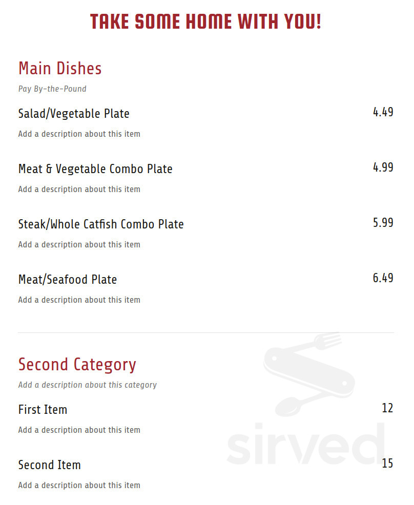 Menu for Barnyard Buffet in Saraland, AL | Sirved