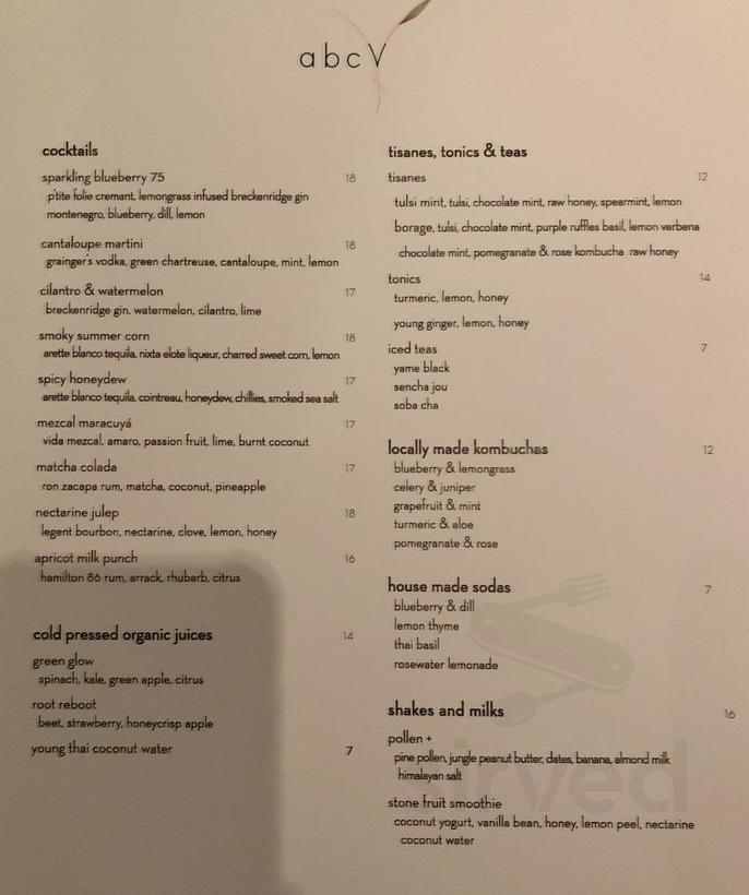 Menu - New York NY's abcV | Sirved