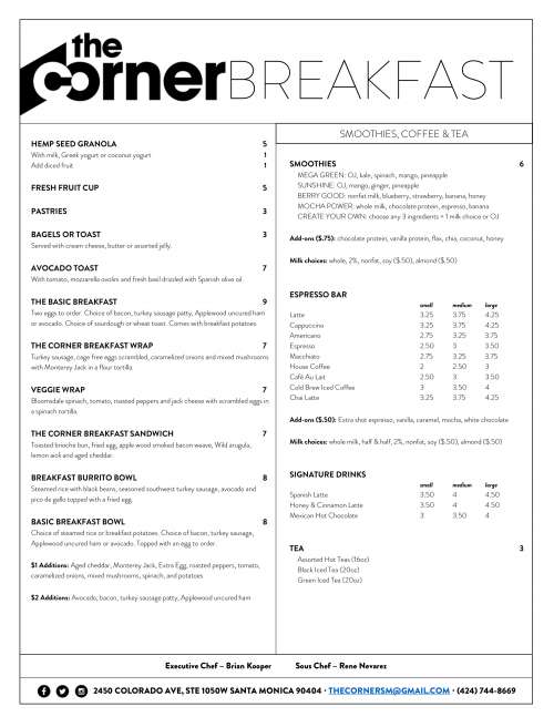 The Corner Restaurant menu in Santa Monica, California, USA