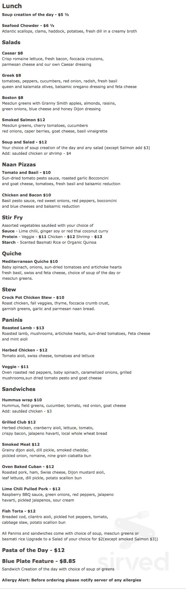 The Palate menu in Fredericton, New Brunswick, Canada