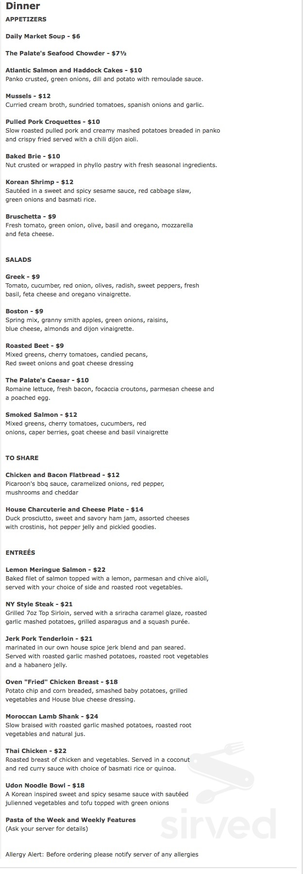 The Palate menu in Fredericton, New Brunswick, Canada