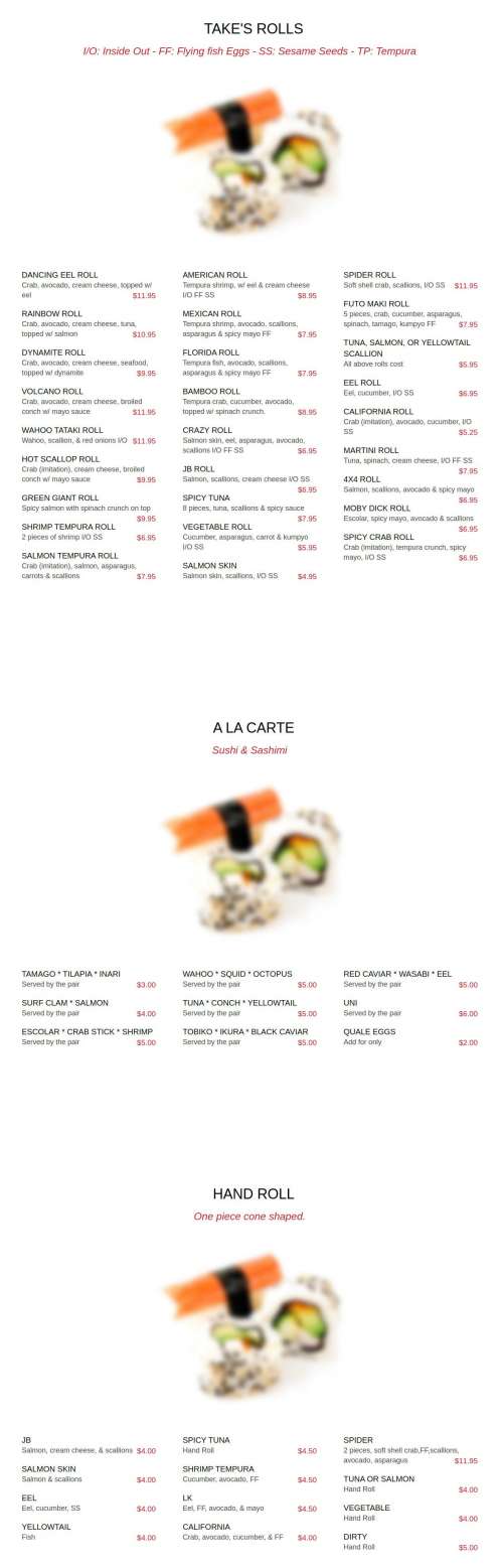 Take Sushi menu in Pompano Beach, Florida, USA