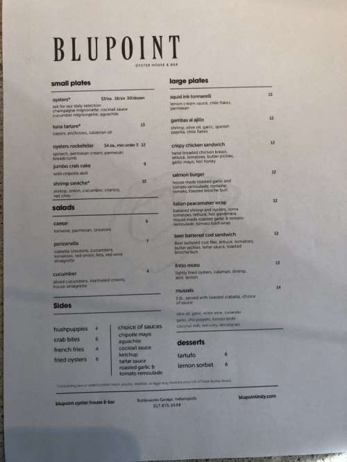 The Garage Food Hall menu in Indianapolis, Indiana, USA
