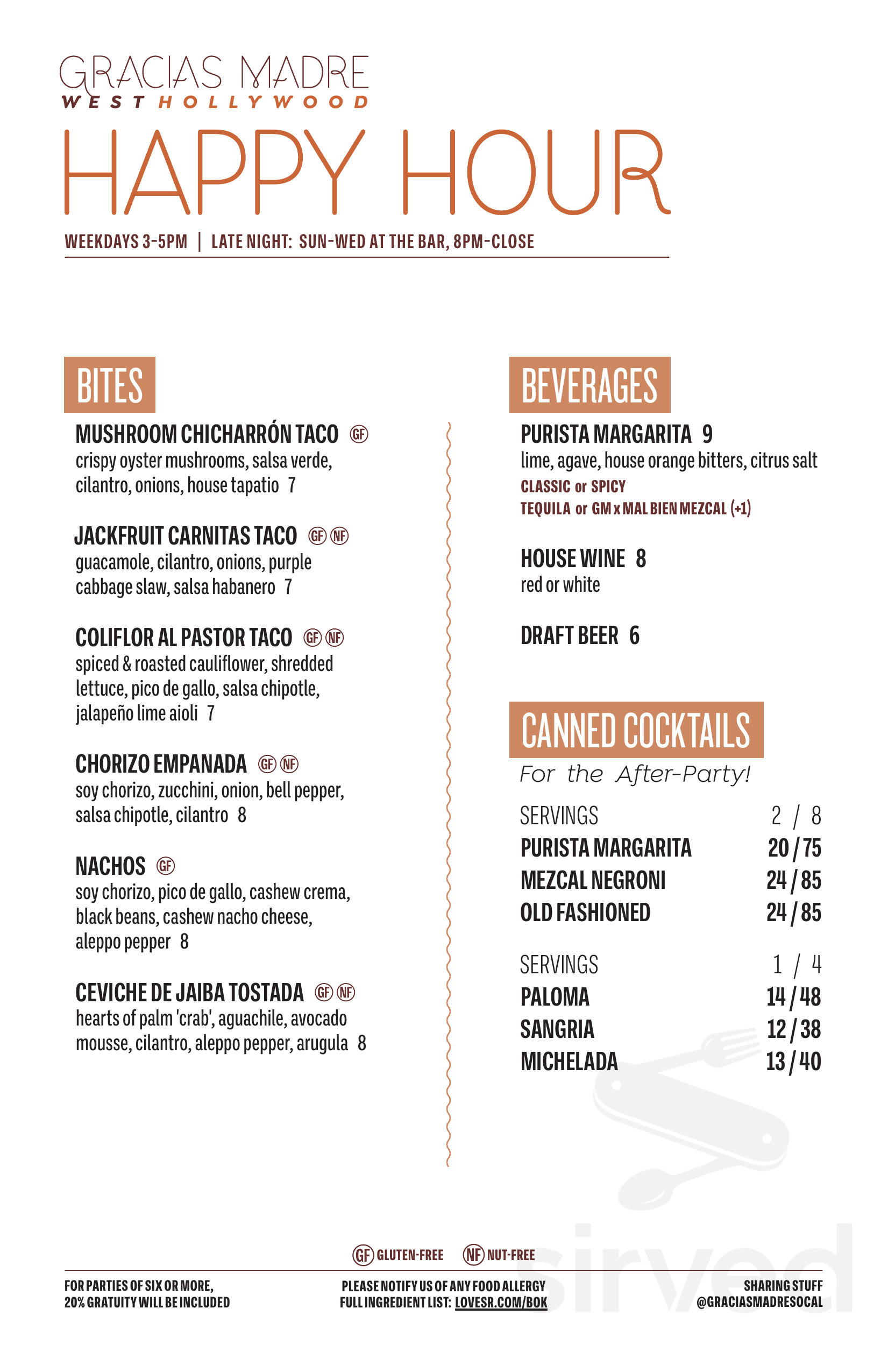 Gracias Madre West Hollywood menu in West Hollywood, California, USA