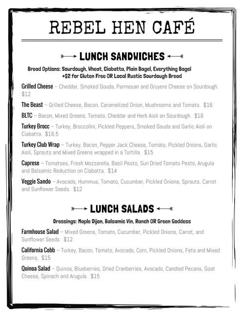 Rebel Hen Café menu in Lincoln, California, USA