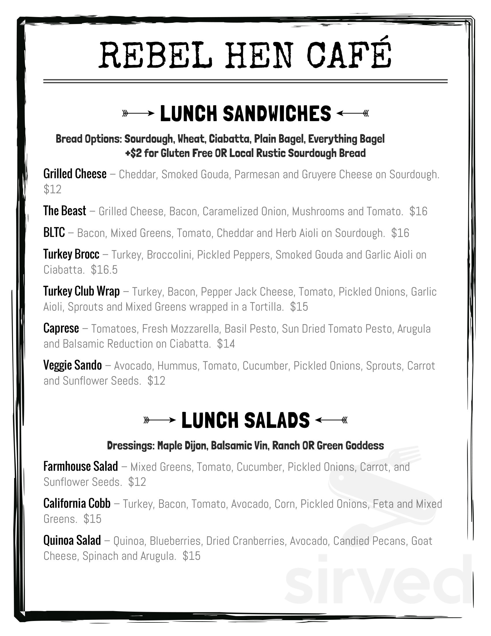 Rebel Hen Café menu in Lincoln, California, USA