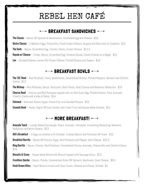 Rebel Hen Café menu in Lincoln, California, USA
