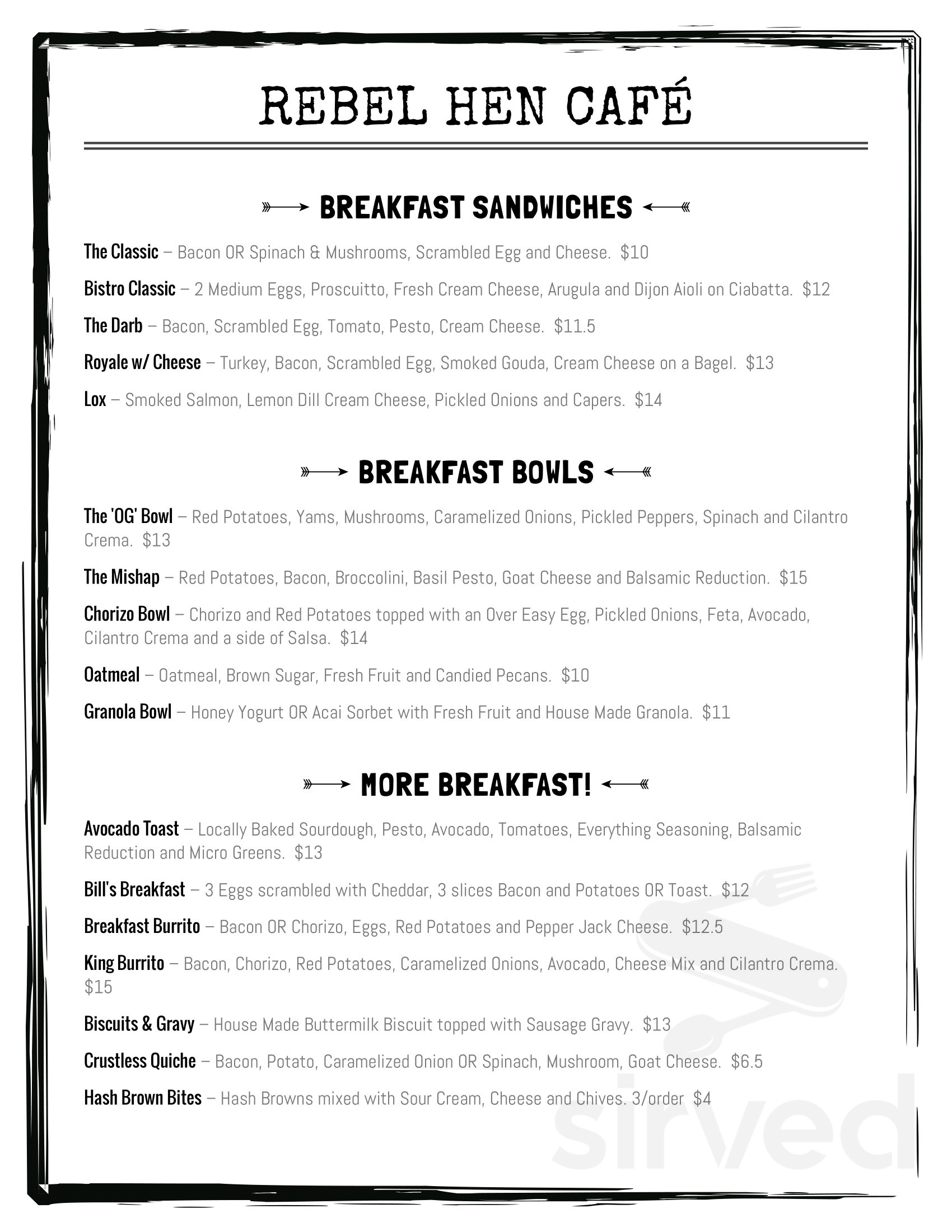 Rebel Hen Café menu in Lincoln, California, USA