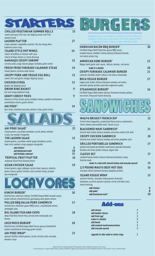 Lagoon Grill menu in Waikoloa Village, Hawaii, USA