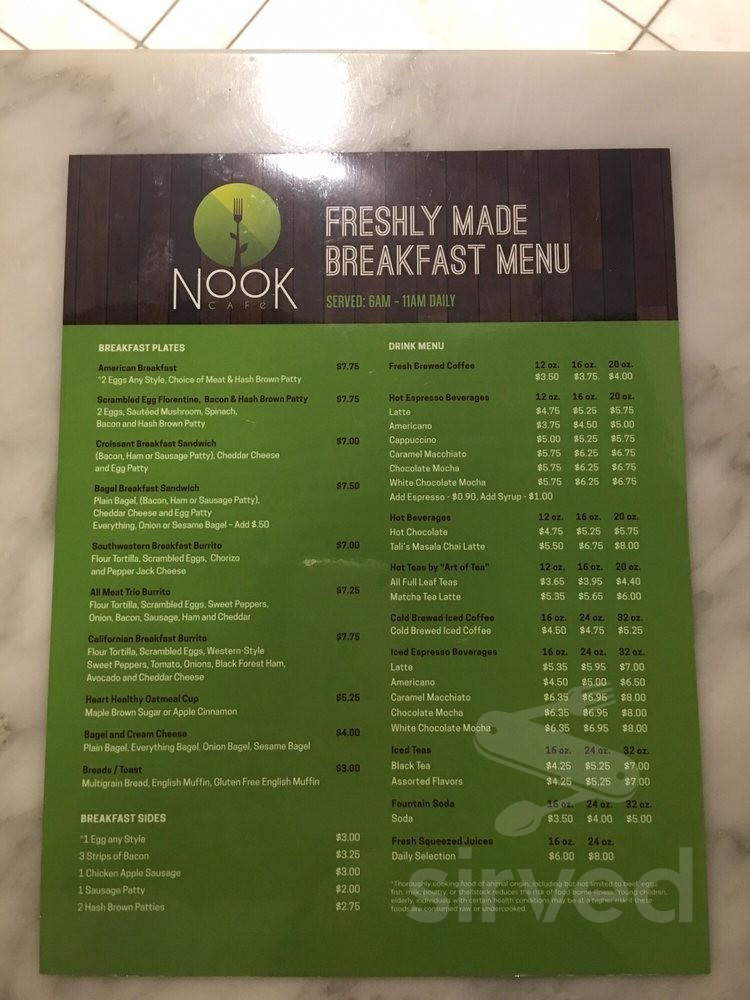 Nook Cafe menu in Las Vegas, Nevada, USA