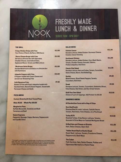 Nook Cafe menu in Las Vegas, Nevada, USA