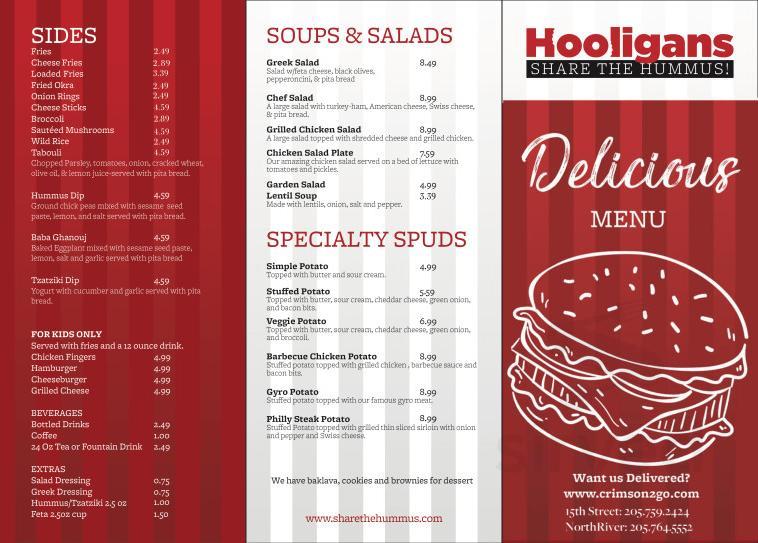 Hooligans Restaurant menu in Tuscaloosa, Alabama, USA